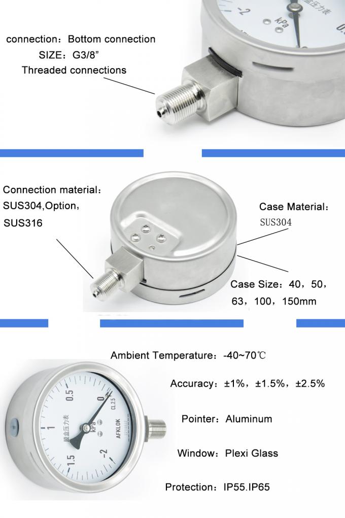 Diaphragm Box Stainless Steel Pressure Gauge Low Pressure For Argon Gas